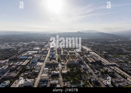 Aerial view of downtown Pasadena, California at sunset with the San ...