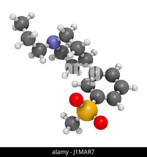 Pridopidine Huntington's disease drug molecule. 3D rendering. Atoms are ...