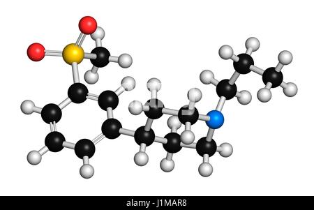 Pridopidine Huntington's disease drug molecule. 3D rendering. Atoms are ...