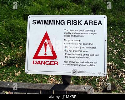 Warning sign stating "No Swimming" with a depiction of a swimmer ...