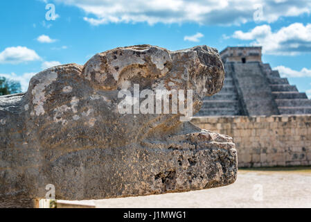 Stone snake head at the mayan pyramid in Yucatan Stock Photo - Alamy