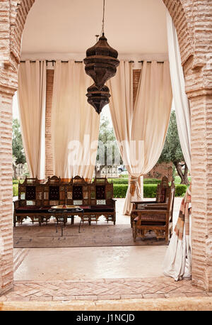 Moroccan riad atrium interior with traditional North African tiling ...