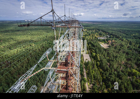 On the top of old Soviet radar system called Duga near Cherobyl town in ...