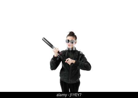 Portrait of an angry woman with a bat, isolated on white background ...