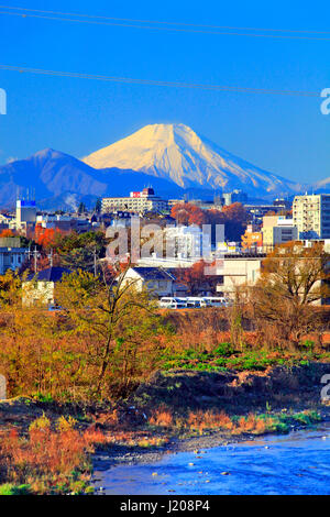 Mount Fuji and Cityscape of HIno View from Tama River Tachikawa Tokyo ...