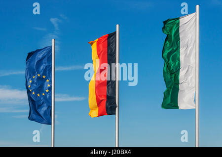 The European, German and Saxon flags fly in front of the Saxon State ...
