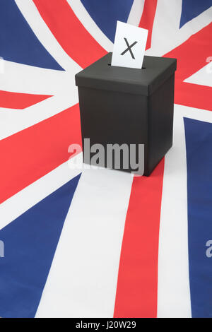 Replica black ballot box set against UK flag / Union Jack as metaphor ...