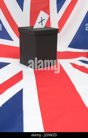 Replica black ballot box set against UK flag / Union Jack as metaphor ...