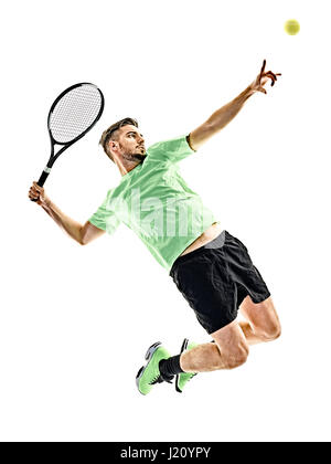 one caucasian man playing tennis player isolated on white background ...