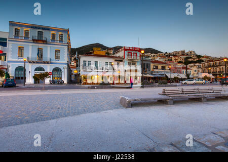Buildings at the seafront of Vathy town on Samos island, Greece Stock ...