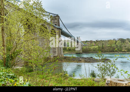 A view across the Menai Strait from a vantage point on Anglesey, with ...