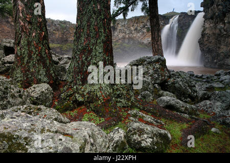 Ulaan Tsutgalan waterfall (also named as Orkhon Khurkhree) in Mongolia ...