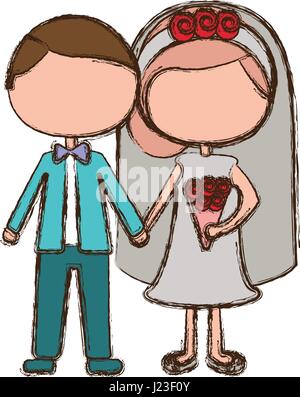 blurred colorful faceless cartoon groom with formal suit and bride with ...