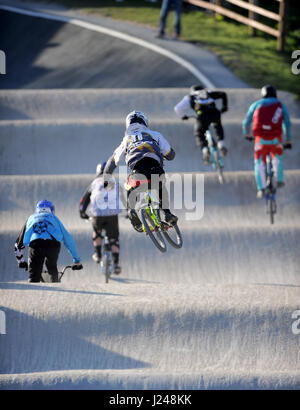 Birmingham Bike Park, Perry Barr, UK. 23rd April 2017. Junior riders in ...