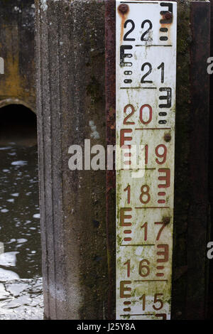 Scale at shore of river to measure water level, which is very low on ...