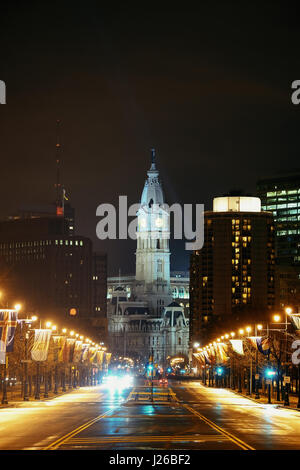 Philadelphia City Hall and street view at night Stock Photo - Alamy