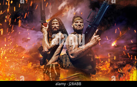 Two tough soldiers in the middle of the battle Stock Photo - Alamy