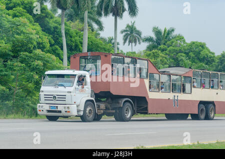 Cuba, Matanzas, Nueva Paz, A semitrailer bus, saddle bus, camel bus, is ...