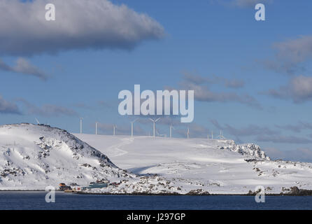 Wind turbines in the Havøygavlen Wind Farm on a hill above Havøysund ...