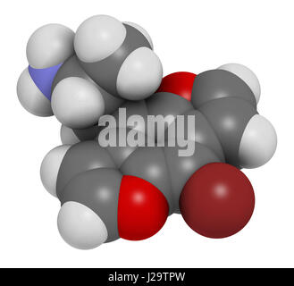 Bromo-dragonFLY hallucinogenic drug molecule. 3D rendering. Atoms are ...