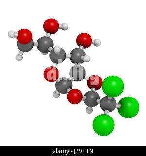 Chloralose rodenticide molecule. 3D rendering. Atoms are represented as ...