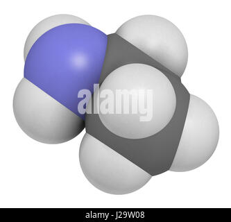 Ethylamine organic base molecule. 3D rendering. Atoms are represented ...