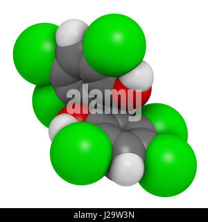 Hexachlorophene disinfectant molecule. 3D rendering. Atoms are ...