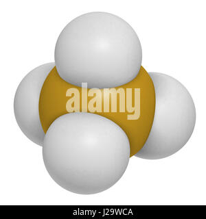 Silane (SiH4) molecule. 3D rendering. Atoms are represented as spheres ...