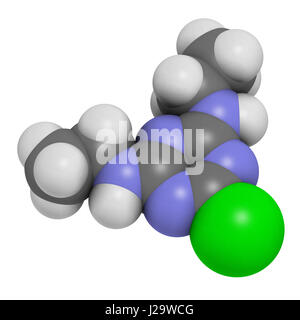 Simazine herbicide molecule. 3D rendering. Atoms are represented as ...