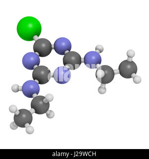 Simazine herbicide molecule. 3D rendering. Atoms are represented as ...