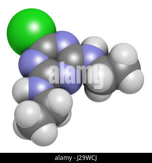 Simazine herbicide molecule. 3D rendering. Atoms are represented as ...