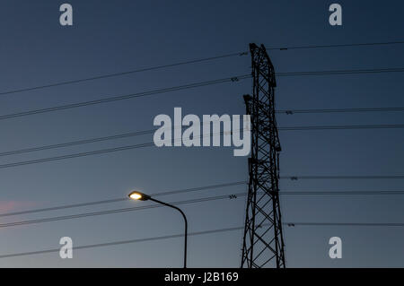 Electricity power cables pylon light street lighting energy Stock Photo ...