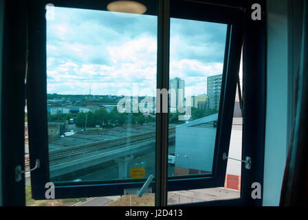 View through hotel window at the DLR Docklands Light Railway Stock ...