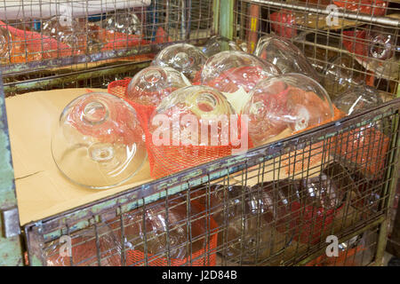 Czech Republic, Nizbor. Ruckl Crystal Factory. Workers cutting patterns ...