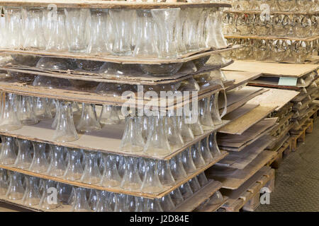 Czech Republic, Nizbor. Ruckl Crystal Factory. Workers cutting patterns ...