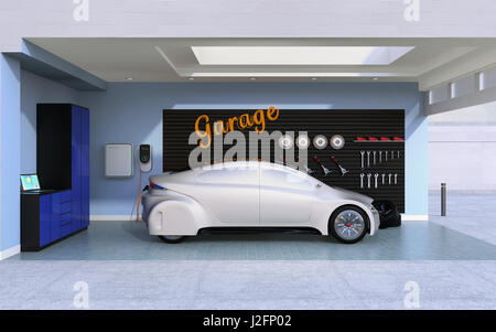 Electric vehicle recharging in garage. Charging station powered by ...