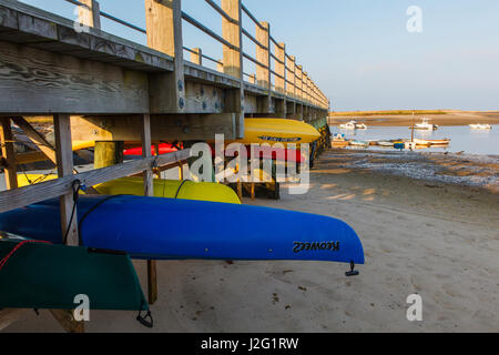 Kayaks under the pier in Pamet Harbor in Truro, Massachusetts. Cape Cod ...