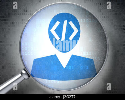 Software concept: Programmer with optical glass on digital background ...