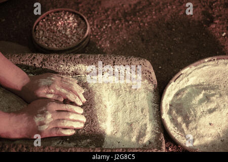 Metate (grinding stone) used to grind up corn and other types of Stock ...