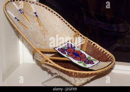 Traditional Athabaskan infant cradleboard basket made from birch bark ...