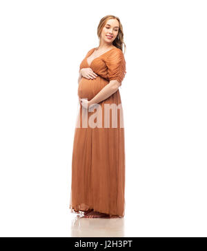 happy pregnant woman touching her big belly Stock Photo - Alamy