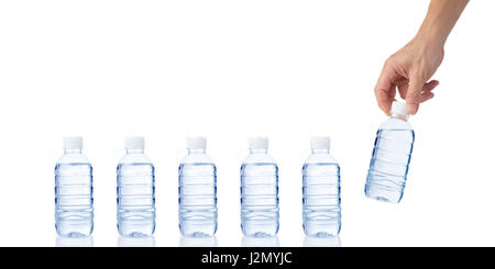 Male's hand grabs and holds a bottle of water with seven more bottles ...