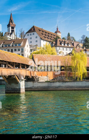 Covered wooden Spreuerbrucke is one of two preserved medeival bridges ...