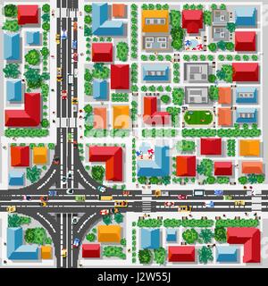 Street map top view, houses, roads and trees. City landscape plan ...