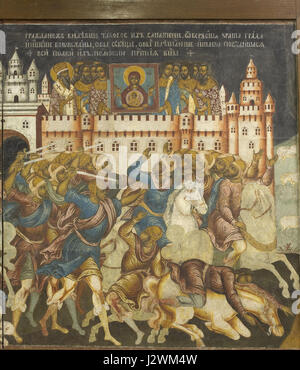 The fresco *Battle between Novgorod and Suzdal* depicts a historical ...