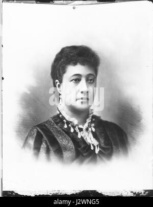 This is a retouched photograph of Bernice Pauahi Bishop, wearing a ...