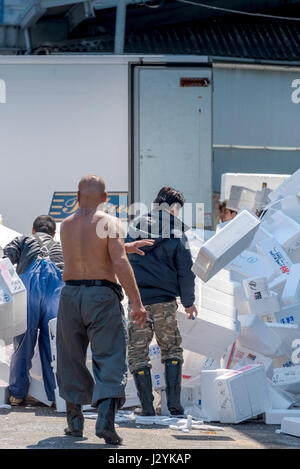 Empty fish boxes, Tsukiji Market, Tokyo, Japan. Tsukiji Market is one ...