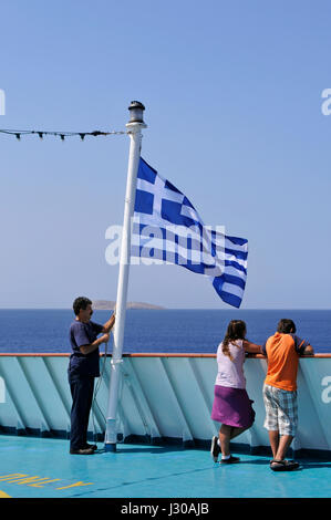 Greek flag flying on a ferry boat off the south coast of Crete, Greece ...