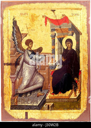 This 14th-century Byzantine icon of the Annunciation, housed at the Pushkin Museum, depicts the ...