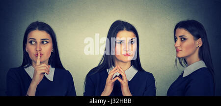 Sneaky, sly, scheming young woman plotting something. Human emotions ...